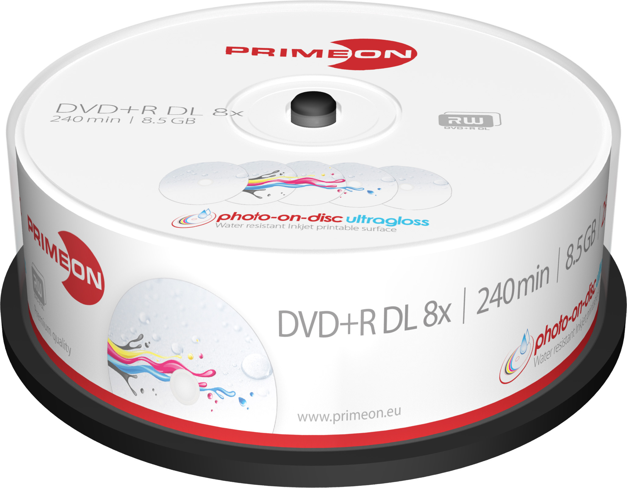 50x Primeon DVD+R DL 8,5Gb 240Min 8x photo-on-disc ultragloss Water resistant Bedruckbar Spindel ...