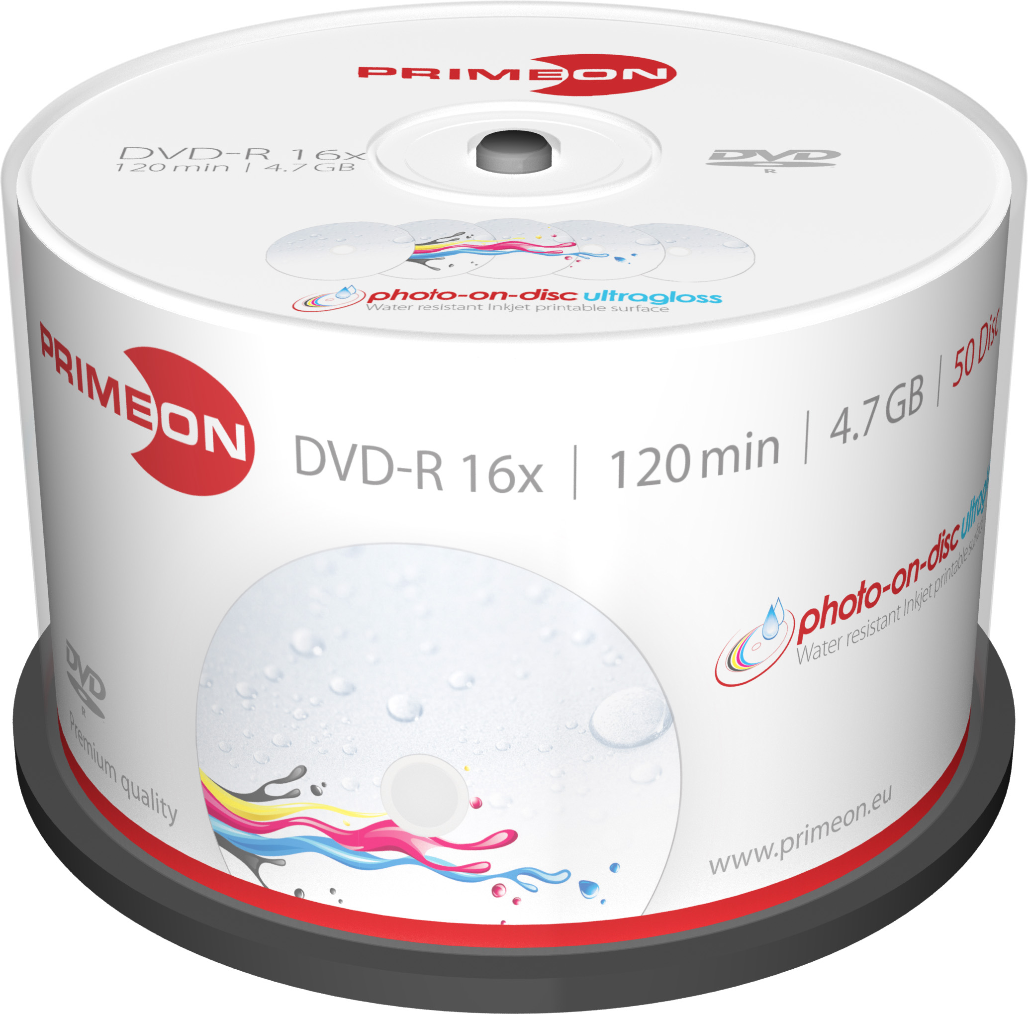 100 Primeon DVD-R 4,7Gb/120Min/16x photo-on-disc ultragloss Water resistant Bedruckbar Spindel ...
