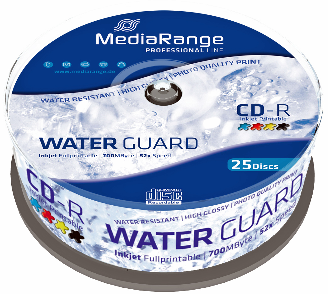 100 MediaRange CD-R 700Mb/80Min/52x Waterguard glossy Photo Bedruckbar ...