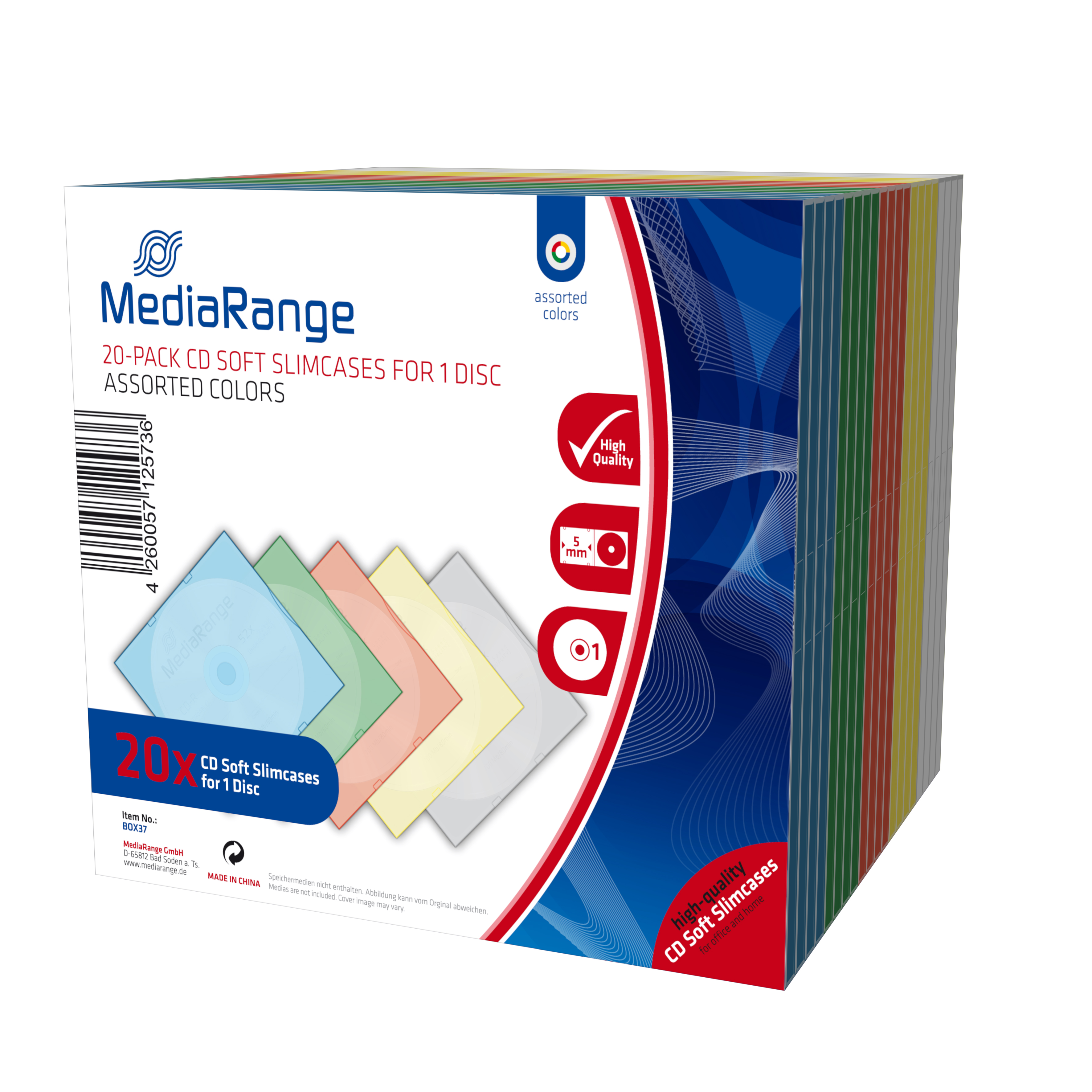 100 Mediarange CD Slimcase schmal für 1 Disk 5mm farbig sortiert ...