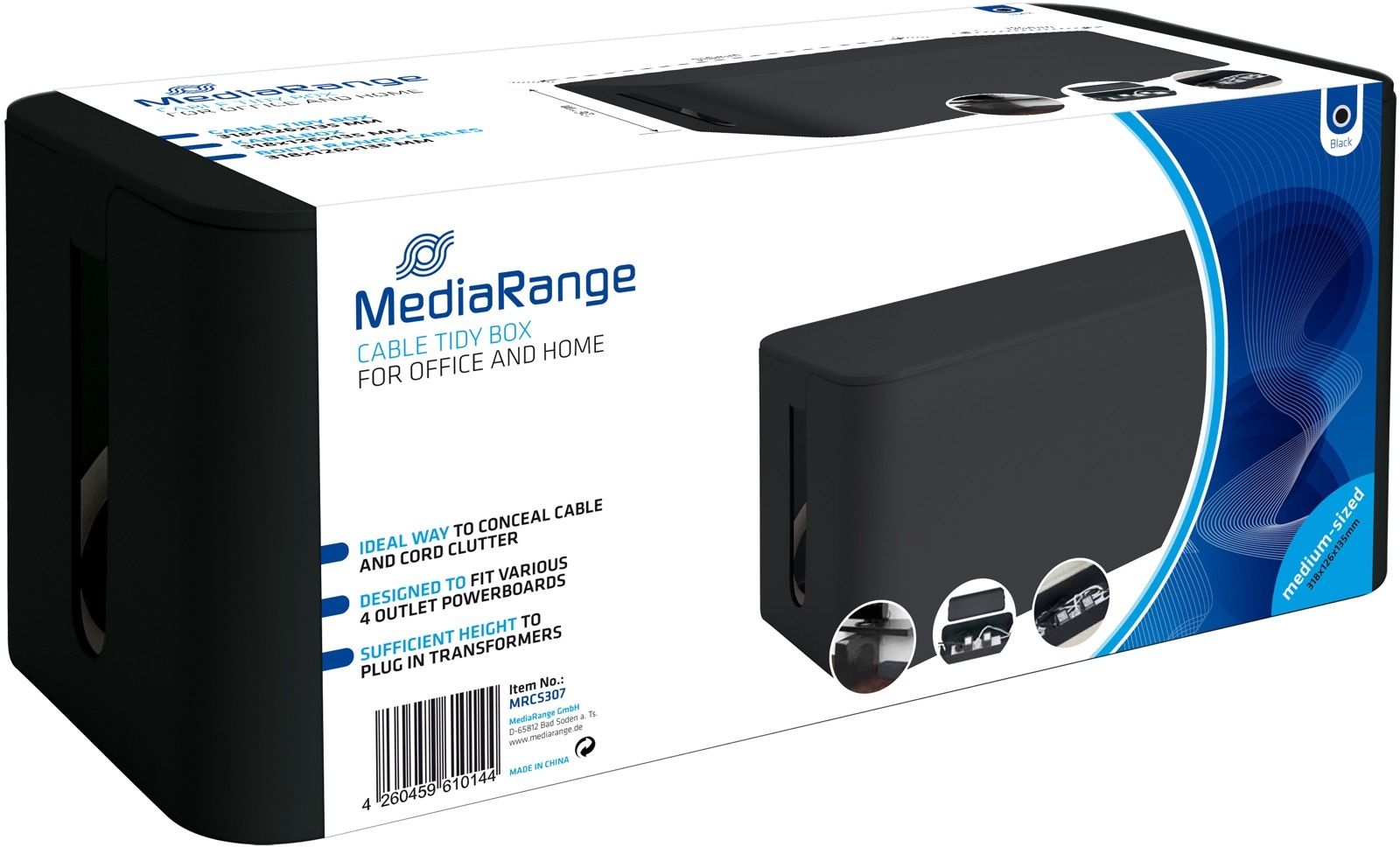 MediaRange Kabel Box medium 318x126x135mm schwarz für Steckdosenleiste ...